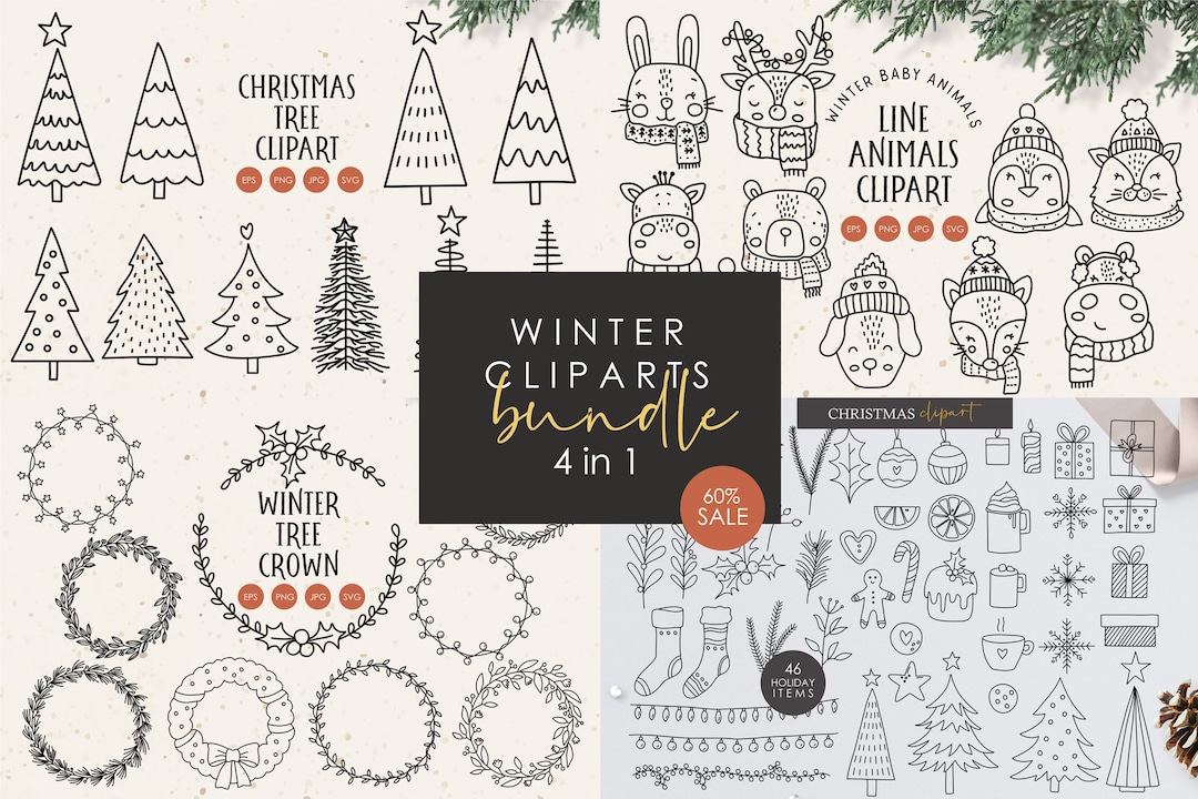 Winter Cliparts Bundle, Digital Download, Line Elements, Christmas ...