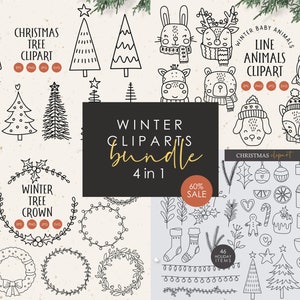 Winter Cliparts Bundle, Digital Download, Line Elements, Christmas ...
