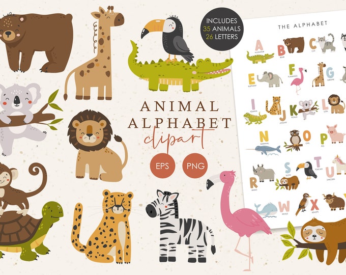 Animal Alphabet Clipart, Cute Animals Clipart, Educational Illustration ...
