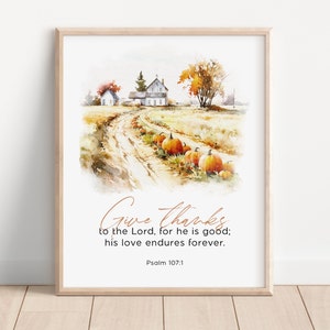 Give Thanks Poster, Bible Verse Print, Autumn Landscape, Pumpkin ...