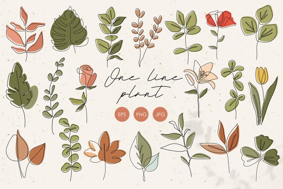 One Line Plant Clipart 20 Abstract Flowers Elements Line Art - Etsy