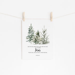 Christmas Christian Wall Art, Watercolor Christmas Tree, Matthew 1:21 ...