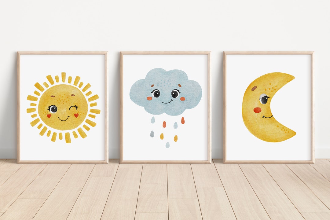Set of 3 Baby Posters, Watercolor Sun Poster, Cloud Wall Print, Digital ...