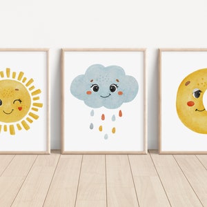 Set of 3 Baby Posters, Watercolor Sun Poster, Cloud Wall Print, Digital ...