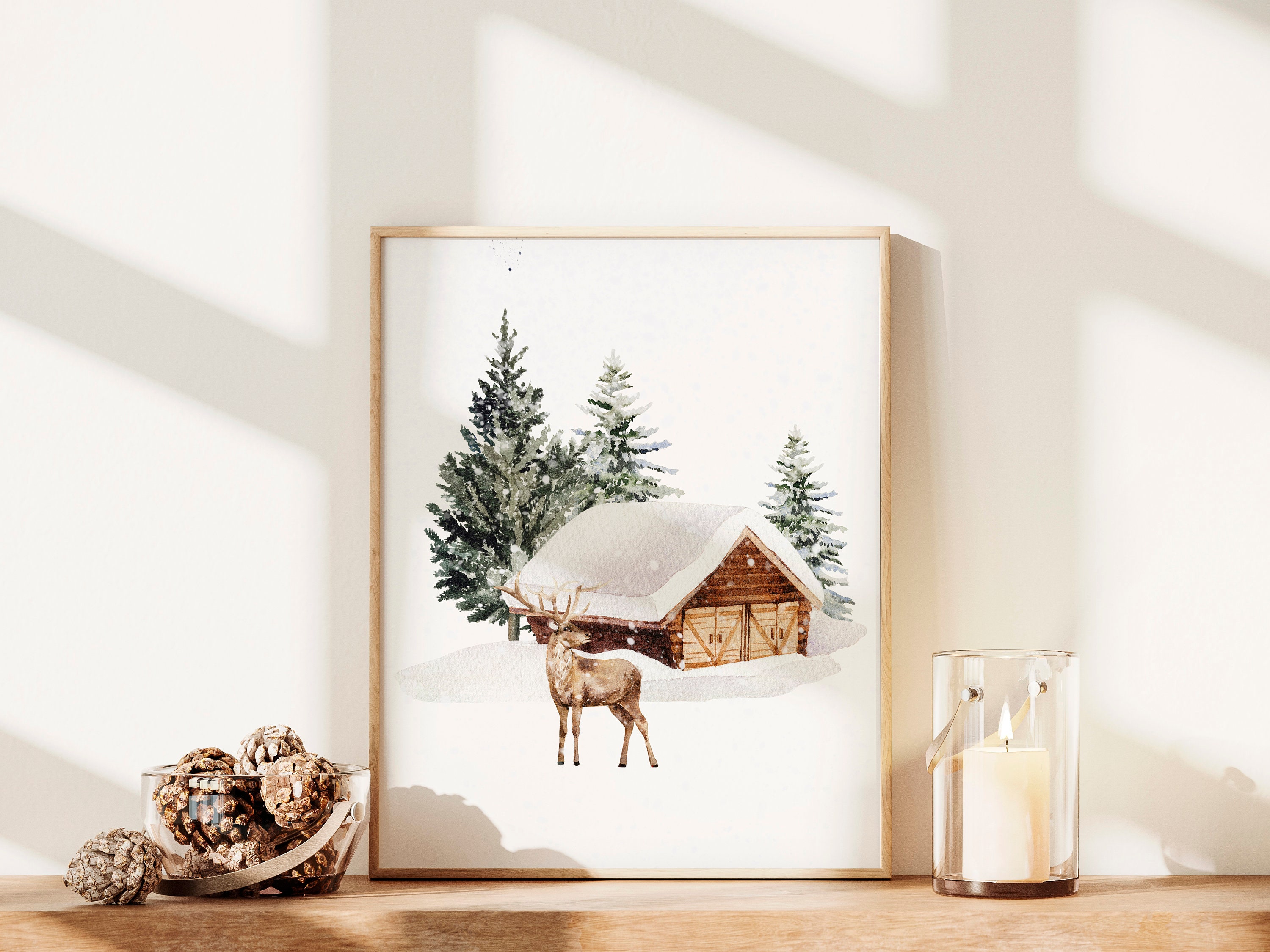 Christmas House Print, Holiday Wall Art, Winter Landscape Print, Deer ...