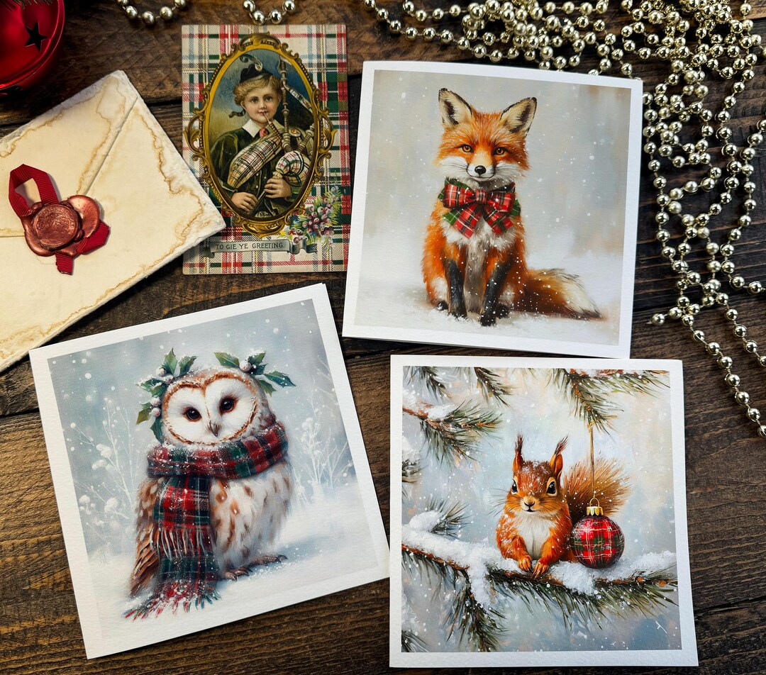 LUXURY Scottish Christmas Cards Set of 3, the Owl, Fox + Squirrel Cute ...