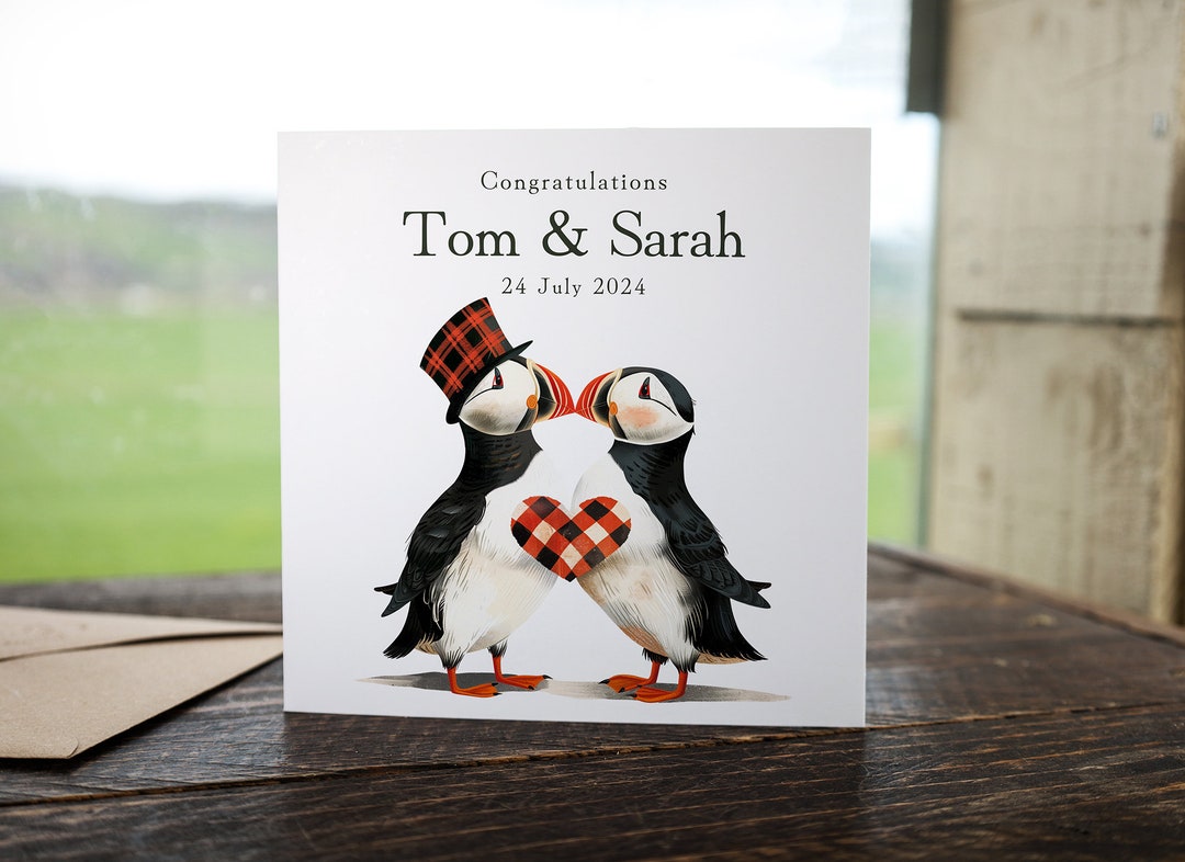 Puffin Wedding Card Personalised for Bride & Groom Scottish at Heart ...
