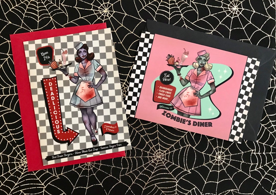 50s Diner Zombie Girl Postcard A6 Retro Vintage Pinup Waitress Classic ...