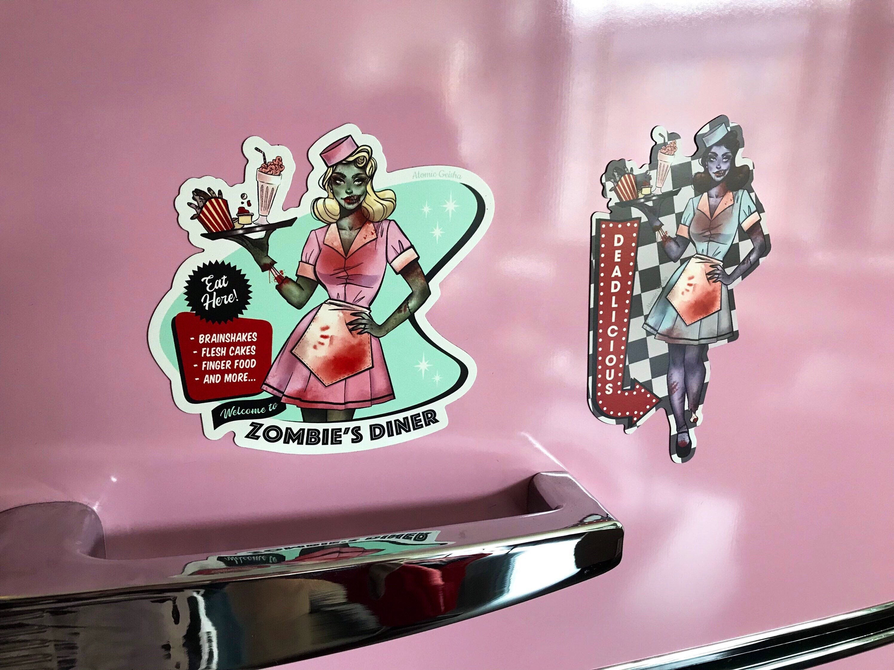 50s Diner Zombie Girl Fridge Magnet Retro Vintage Pinup Waitress Brains ...