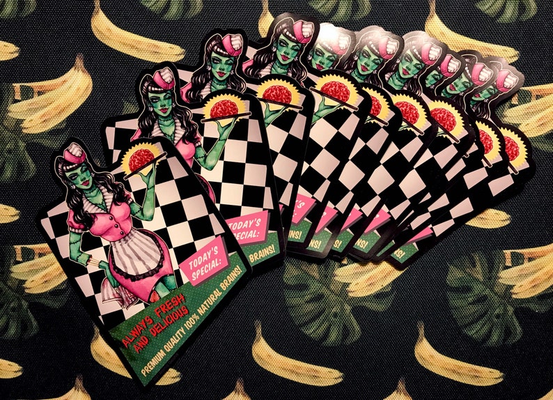 50s Diner Zombie Girl Fridge Magnet Watercolor Illustration Brains ...