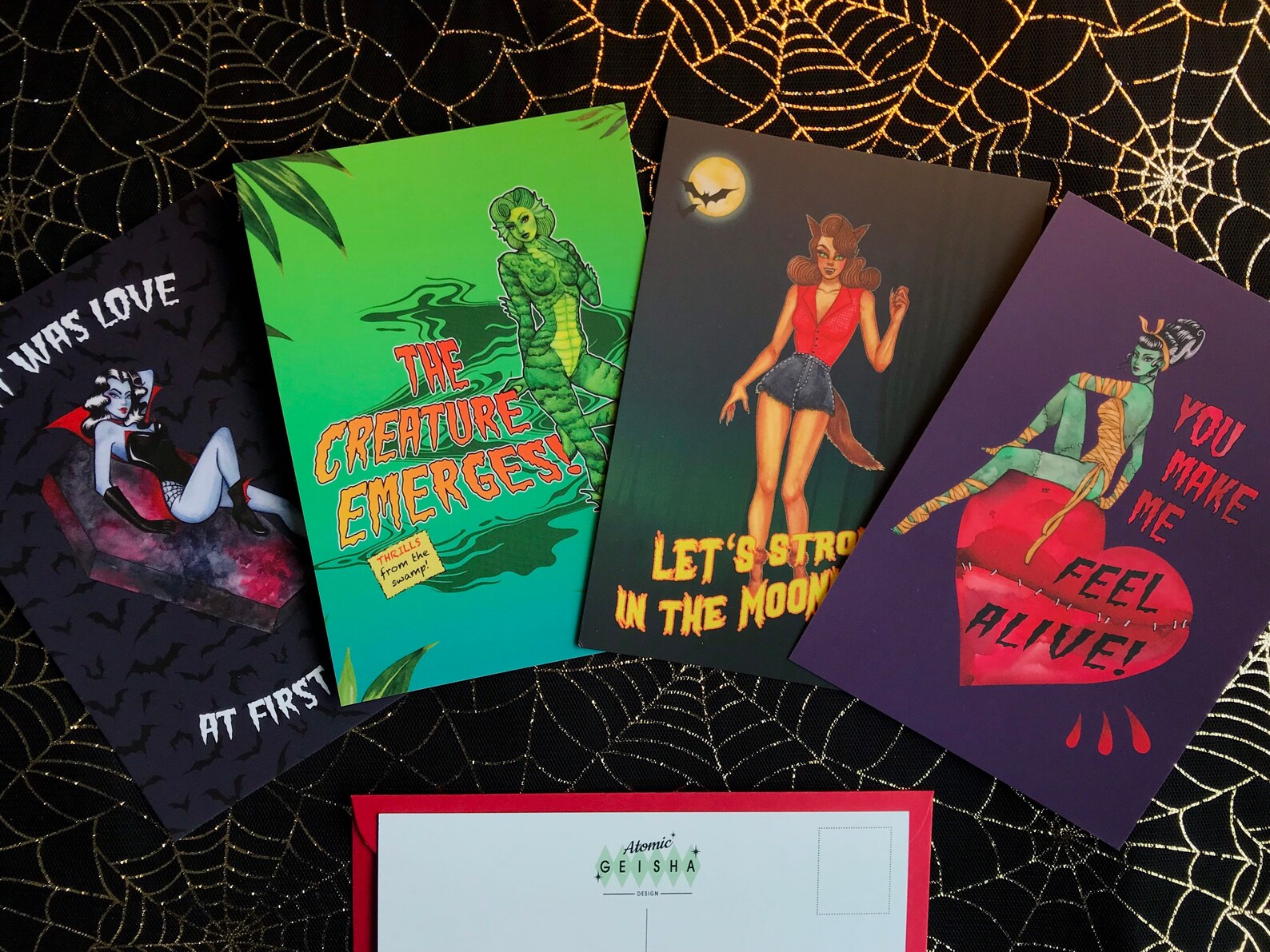 Monster Mash 4 Pack Postcards A6 Watercolor Retro Pinup Girls - Etsy