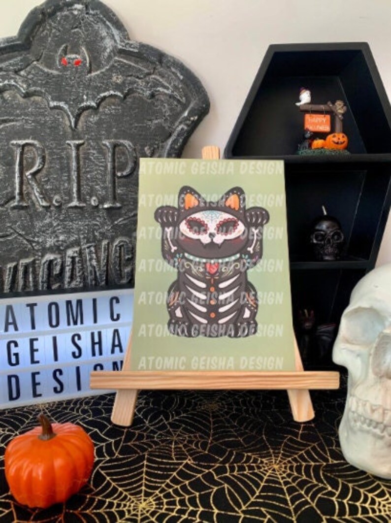 Sugar Skull Maneki Neko DIN A5 Art Prints Handmade Art Halloween Spooky ...