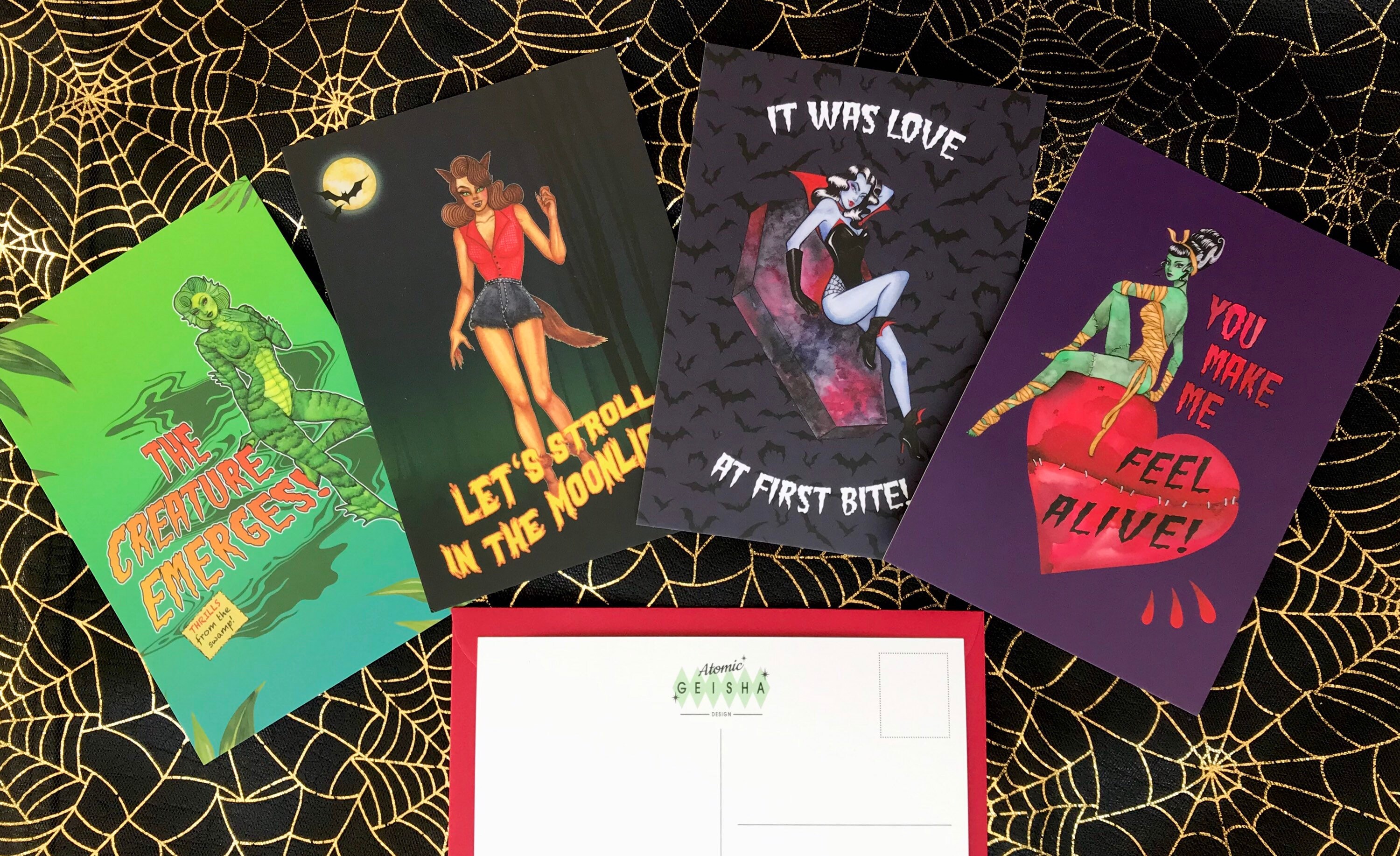 Monster Mash 4 Pack Postcards A6 Watercolor Retro Pinup Girls - Etsy