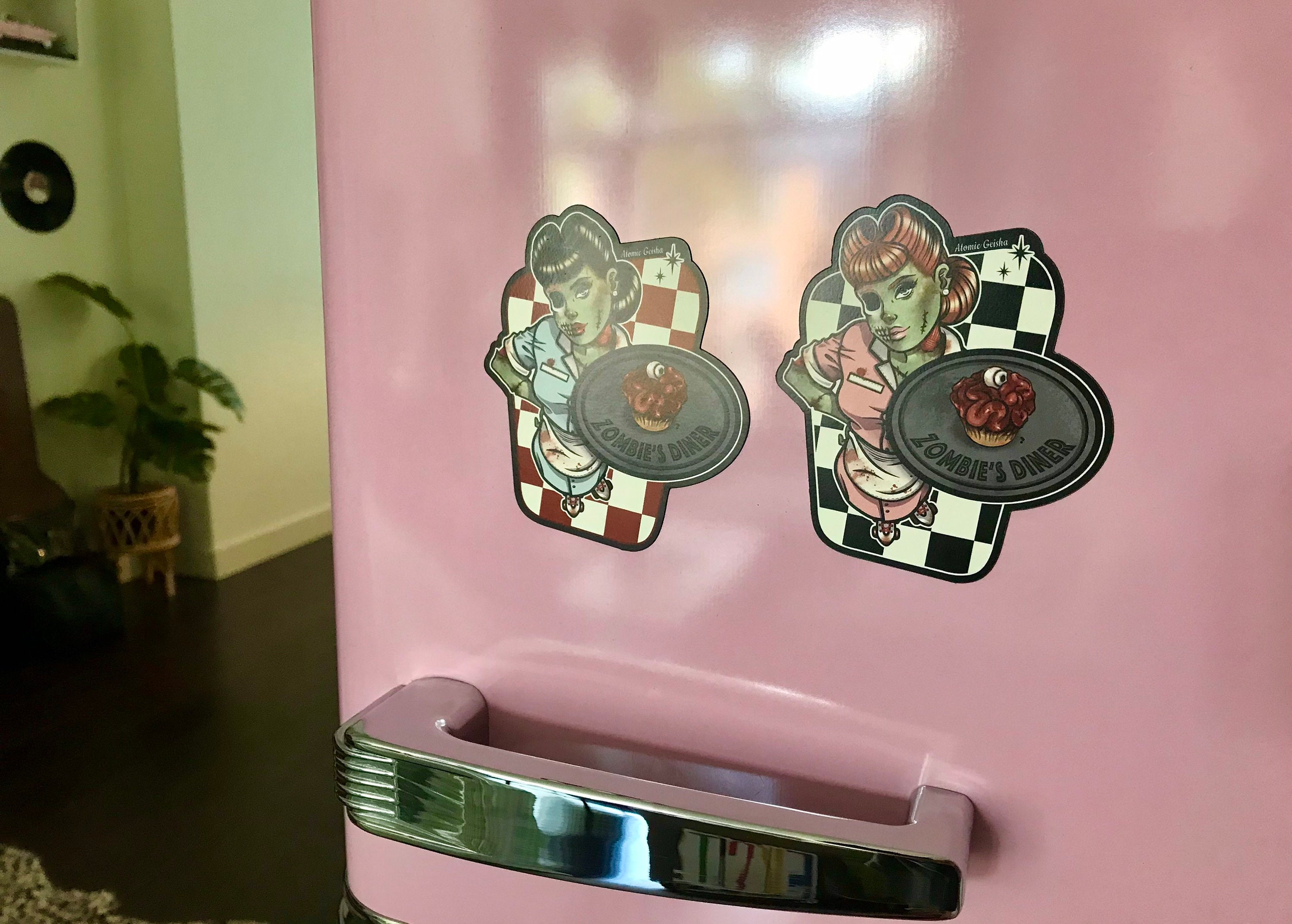 50s Diner Zombie Girl Fridge Magnet Brain Muffins Retro Vintage Pinup ...