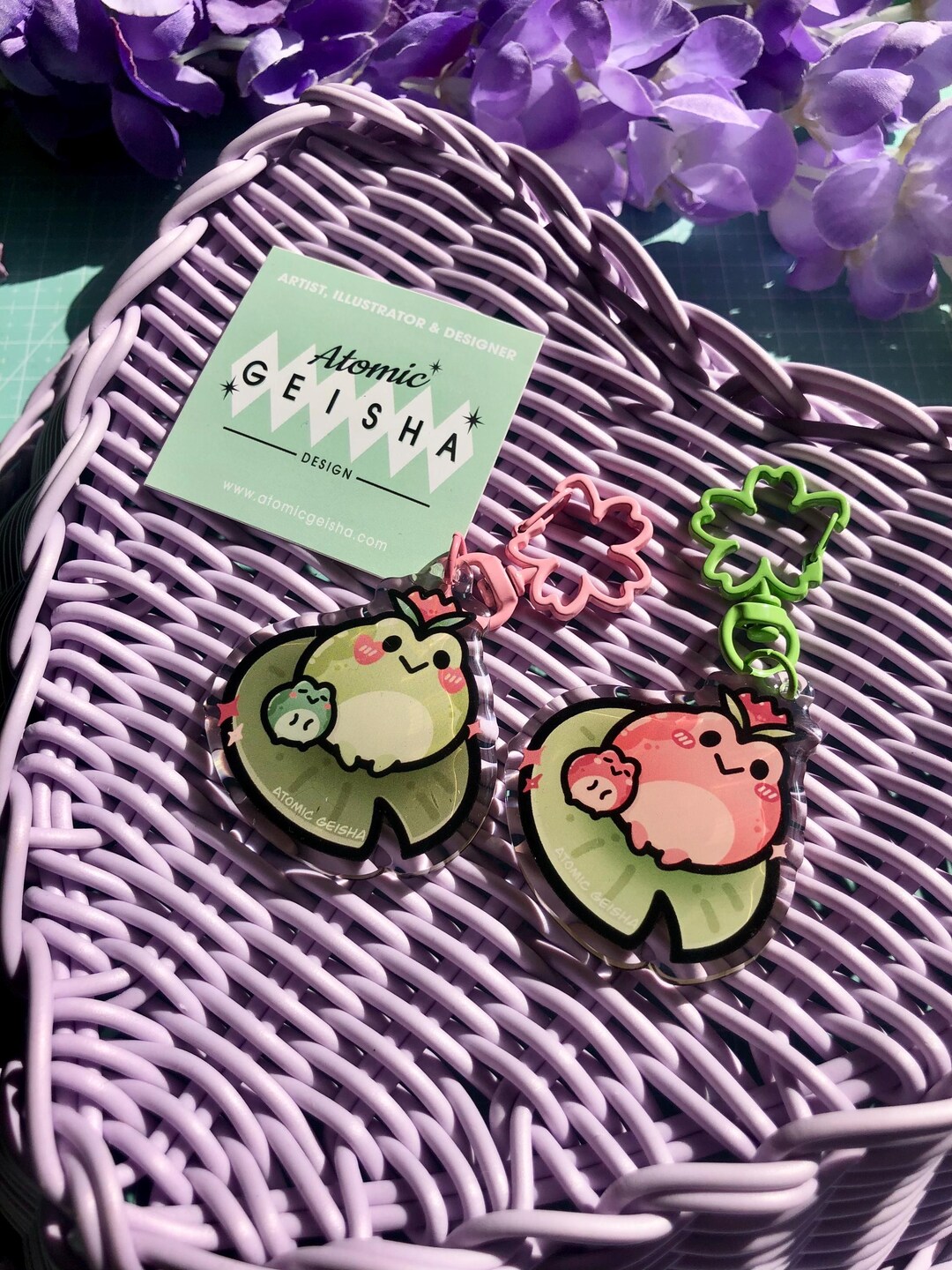Kaeru Frogs Acrylic Keychain Epoxy Charm Lucky Frog Lily Pad Pond Tulip ...