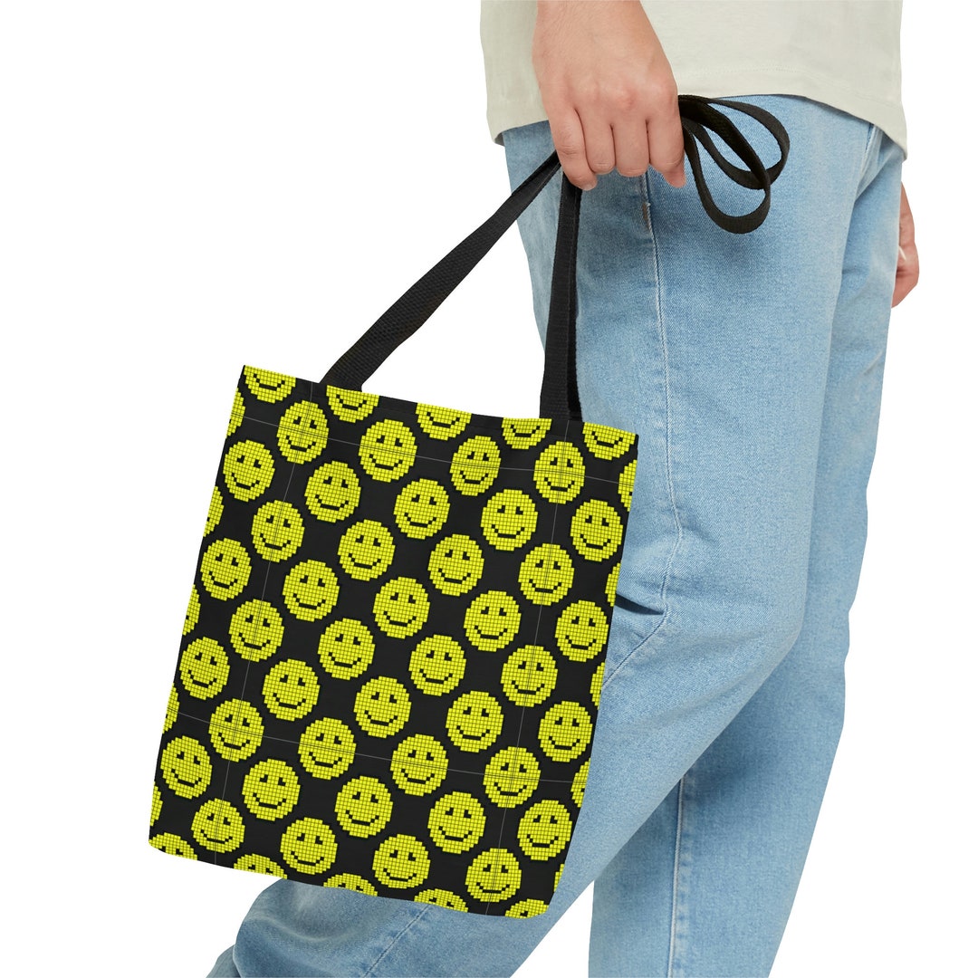 Large Tote Bag - Eco Friendly Shopping Bag - Yellow Smiley Faces - 90s ...
