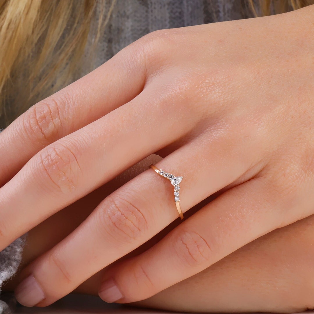 Pear Diamond Ring, Dainty Diamond Ring, 14k Gold Stacking Ring, Round ...