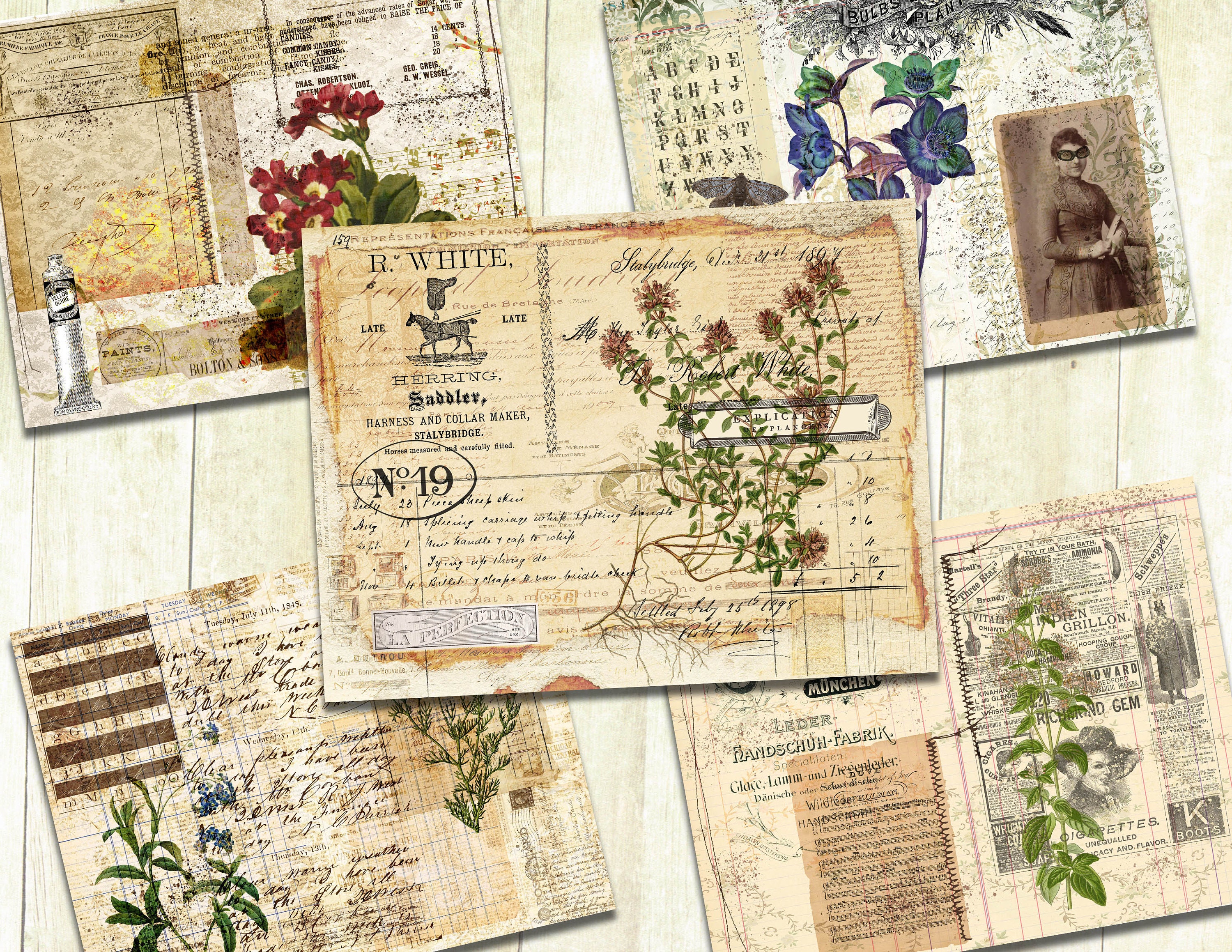 Antique Flower Collage Papers, Stitched Collage Background Papers ...