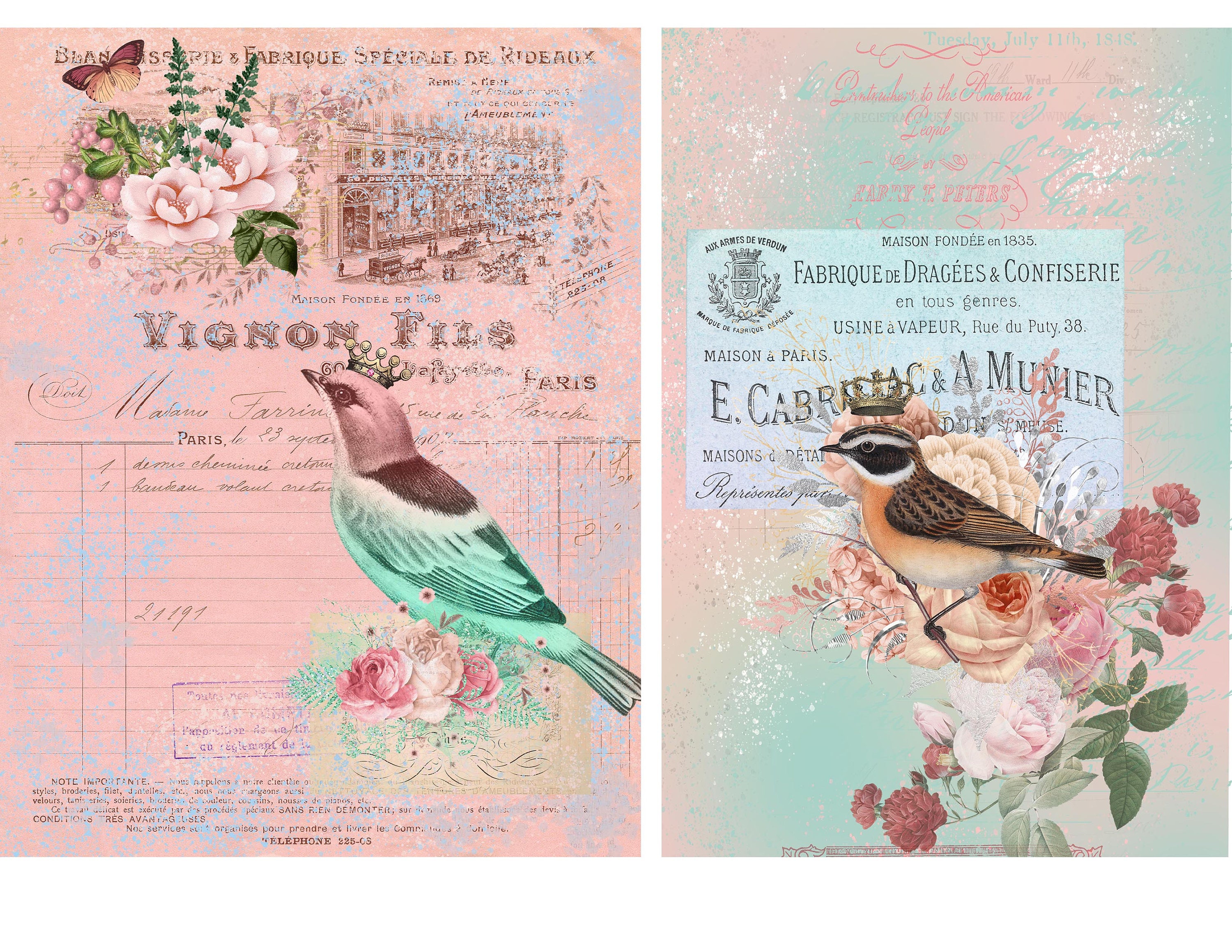Vintage Spring Birds Journal Papers, Digital Download, Pastel Pink Cute ...
