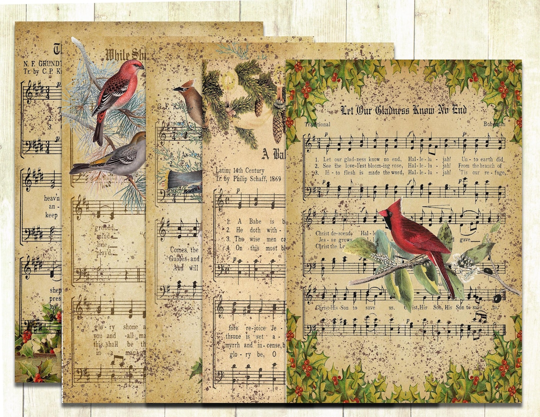 Vintage Christmas Birds and Music Papers, Digital Download, Music ...