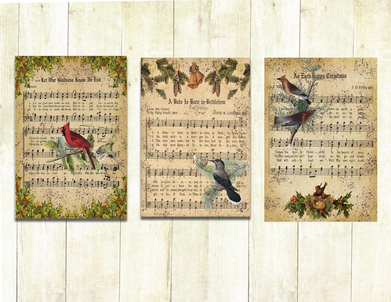 Vintage Christmas Birds and Music Papers, Digital Download, Music ...