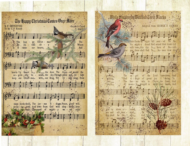 Vintage Christmas Birds and Music Papers, Digital Download, Music ...