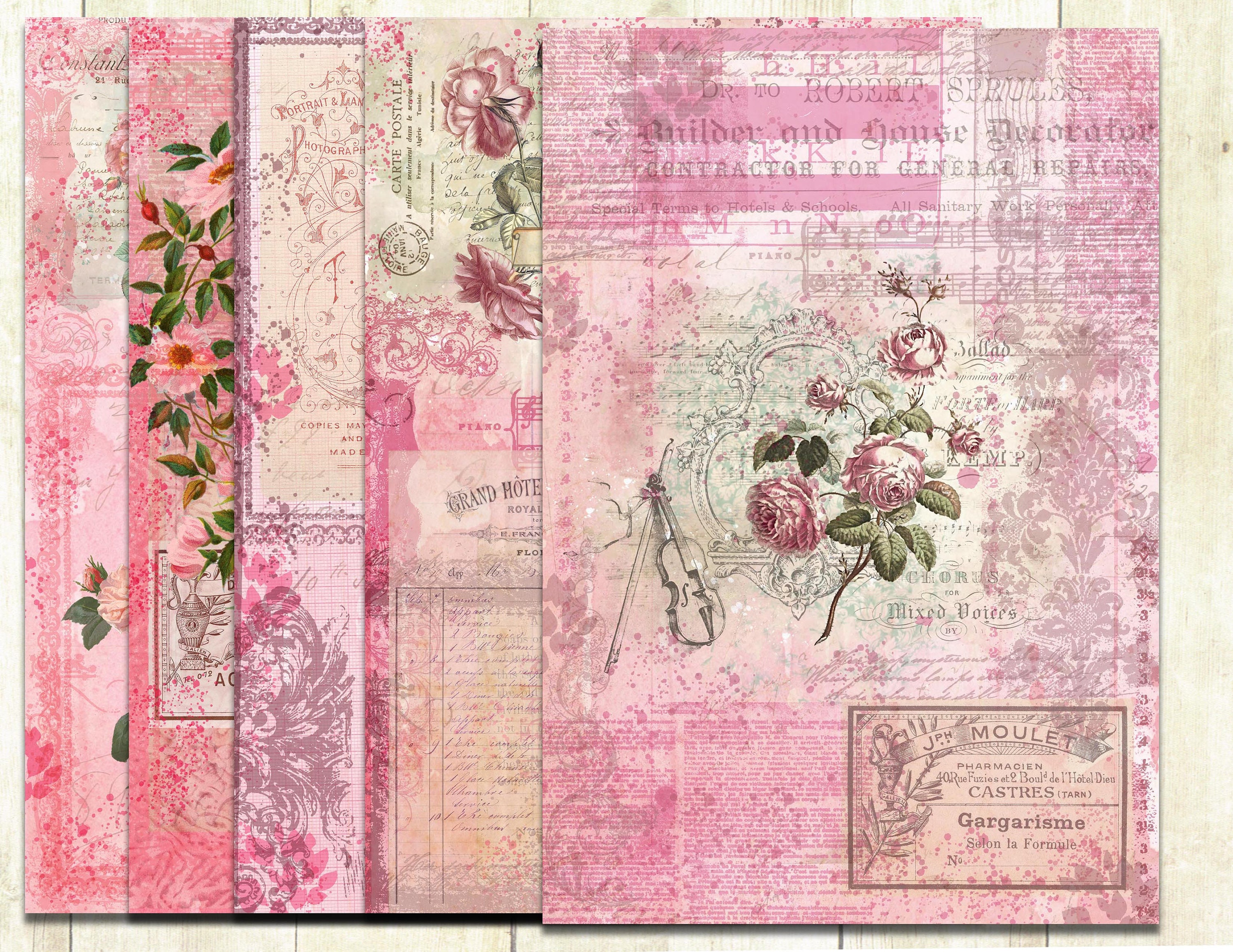 Pink A5 Romantic Journal Papers, Pink Flowers, Journal Papers, Digital ...