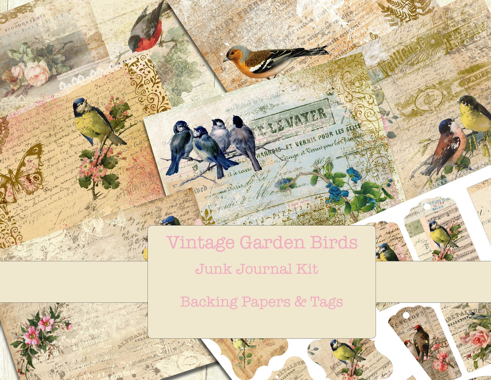 Vintage Garden Birds Junk Journal Kit, Vintage Birds Ephemera Papers ...