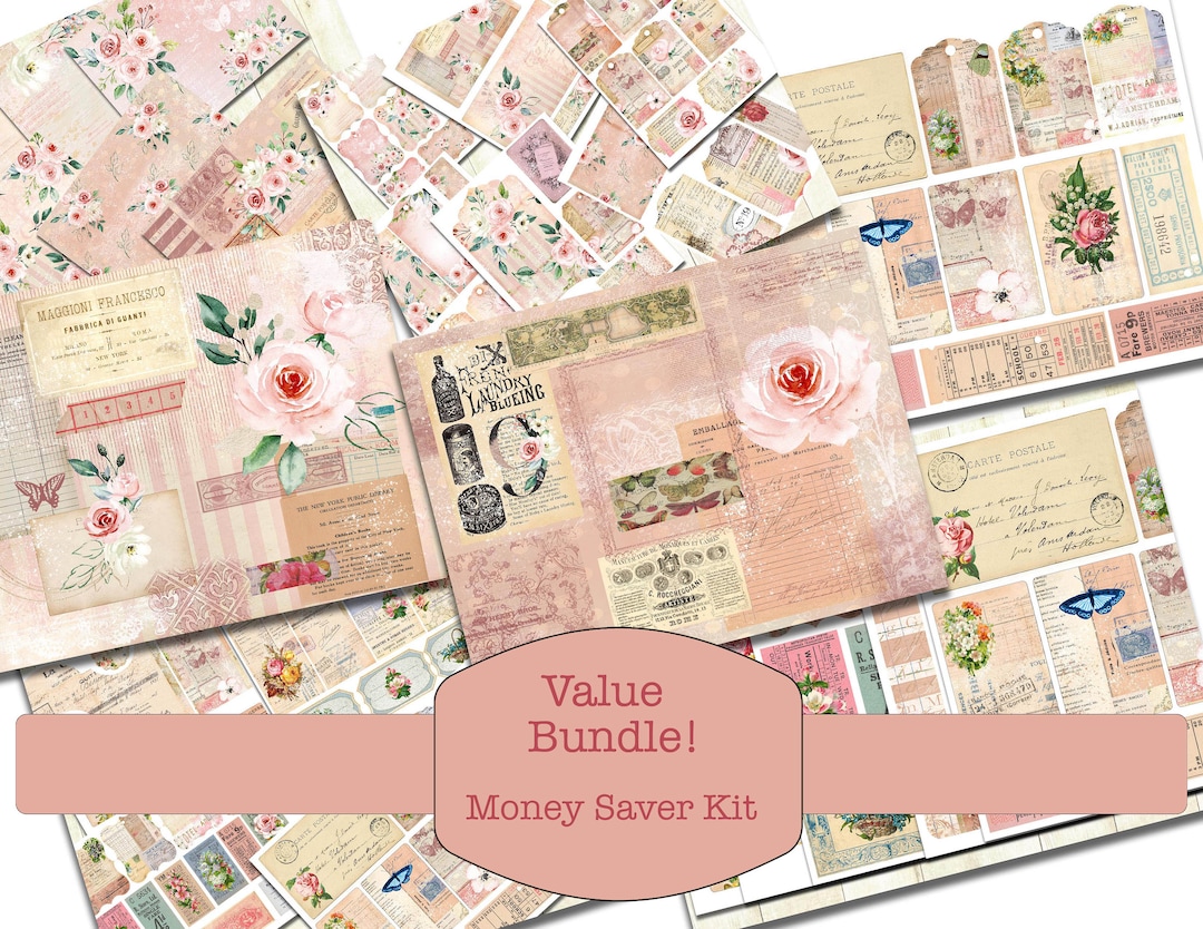 Vintage Pink Flower Journal Papers Bundle, Spring Journal Kit, Value ...