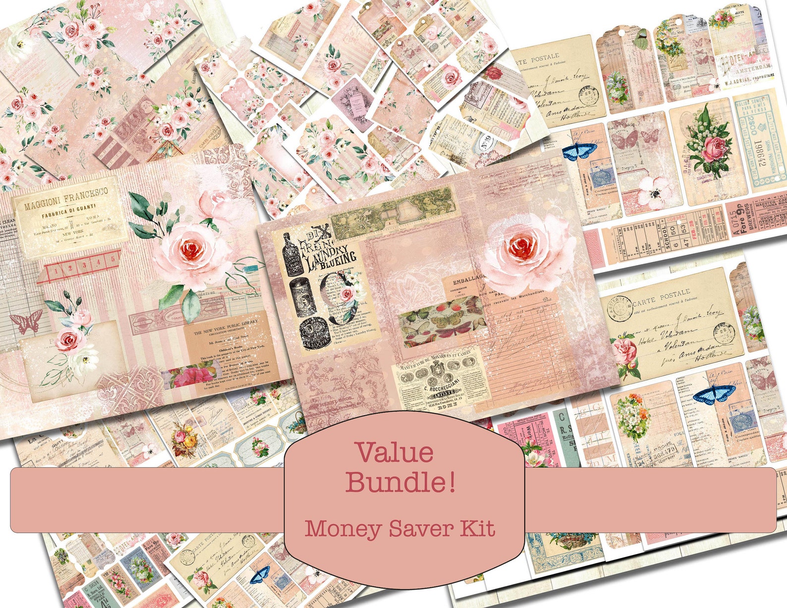 Vintage Pink Flower Journal Papers Bundle, Spring Journal Kit, Value ...