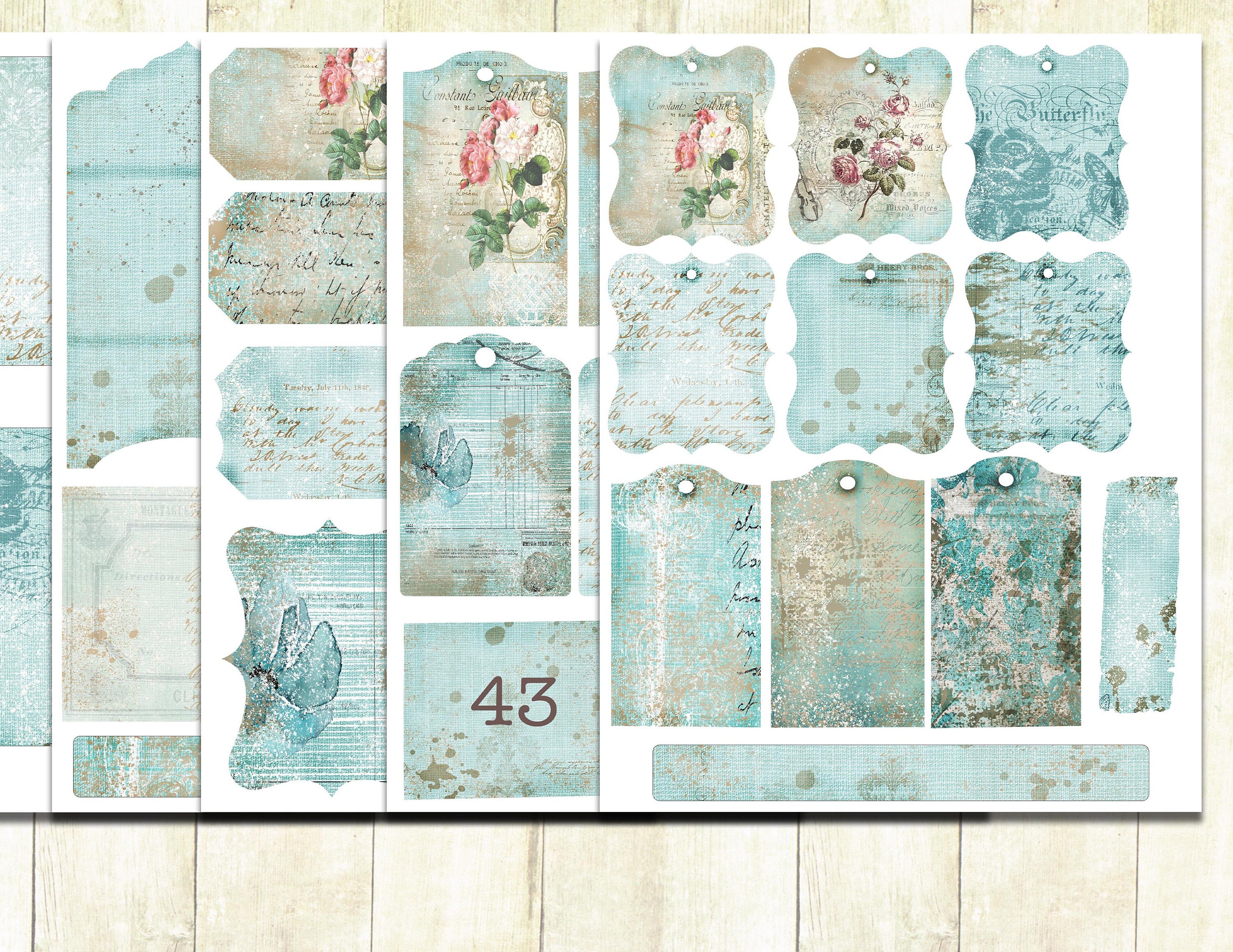 Shabby Aqua Printable Tags Aqua Junk Journal Kit Digital - Etsy