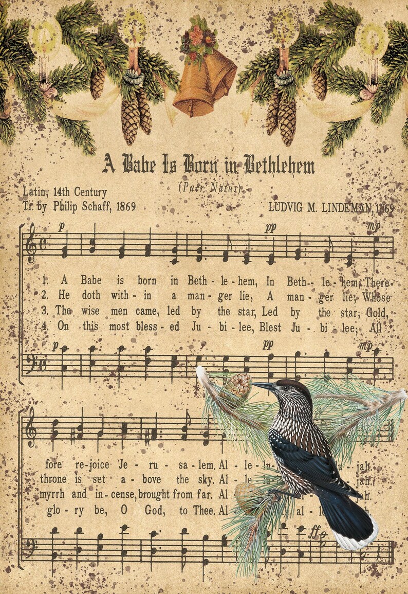 Vintage Christmas Birds and Music Papers, Digital Download, Music ...