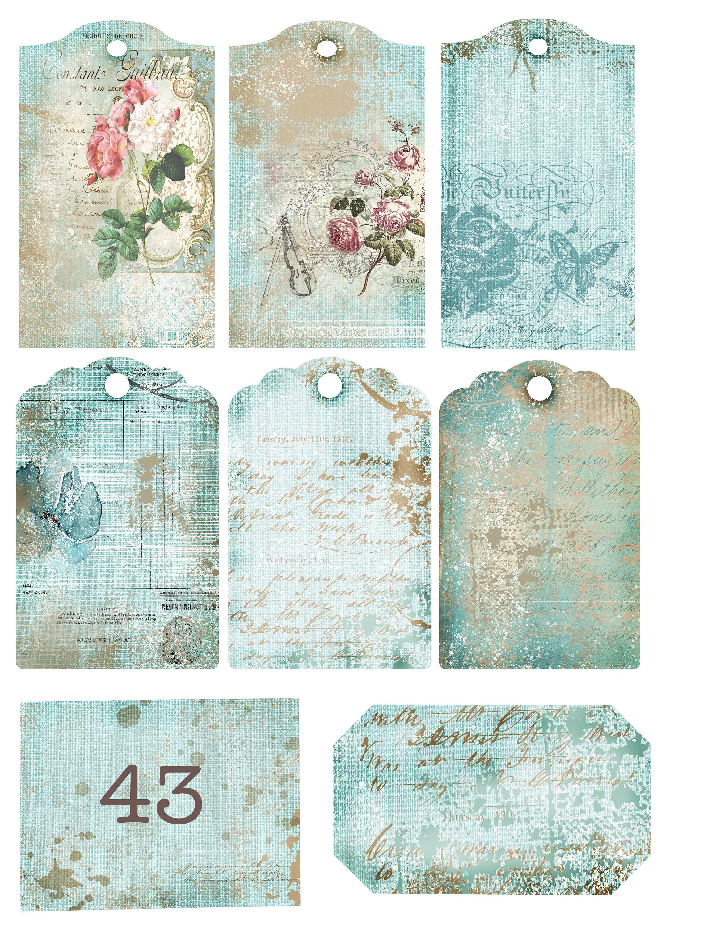 Shabby Aqua Printable Tags Aqua Junk Journal Kit Digital - Etsy