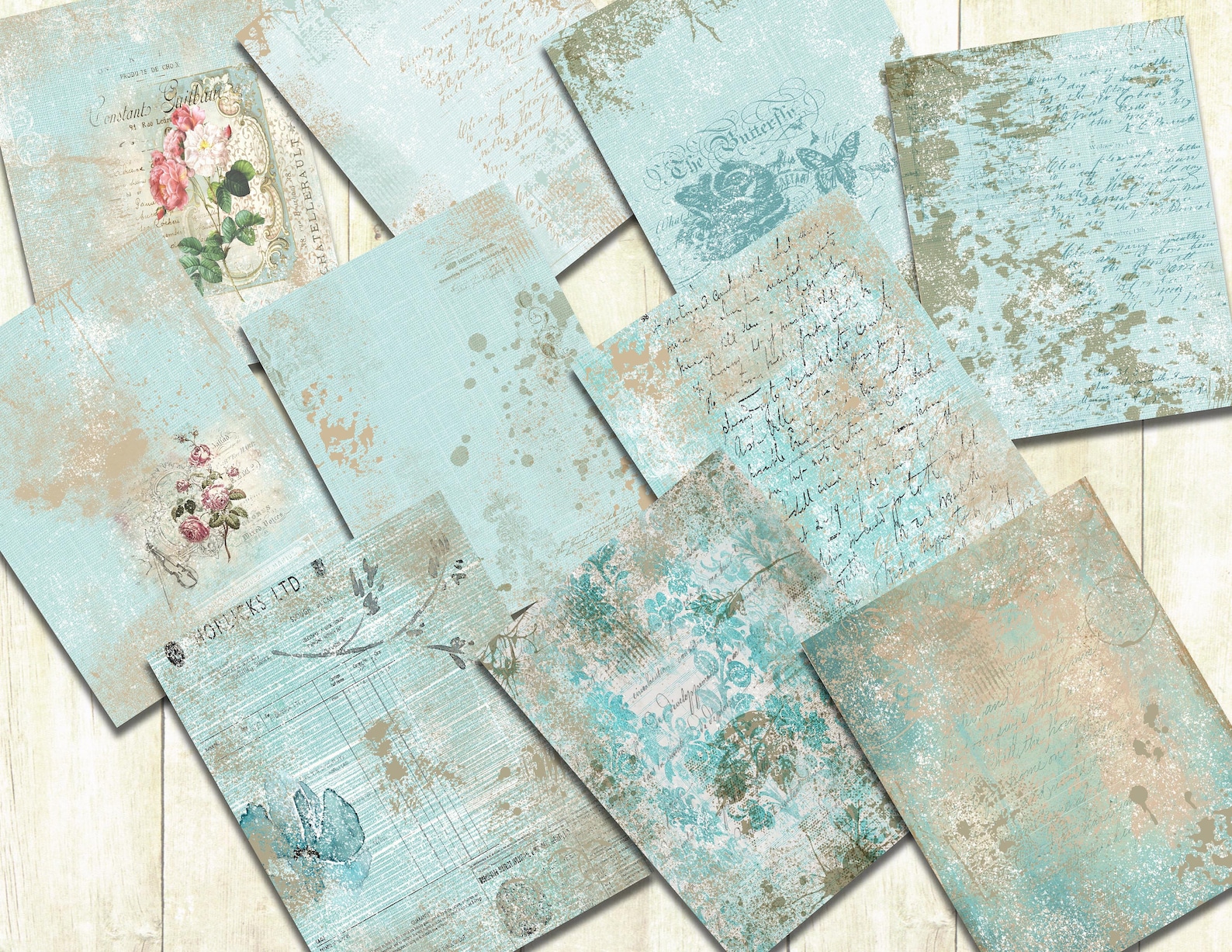 Shabby Aqua Papers, Digital Download, Aqua Grungy Papers, Junk Journal ...