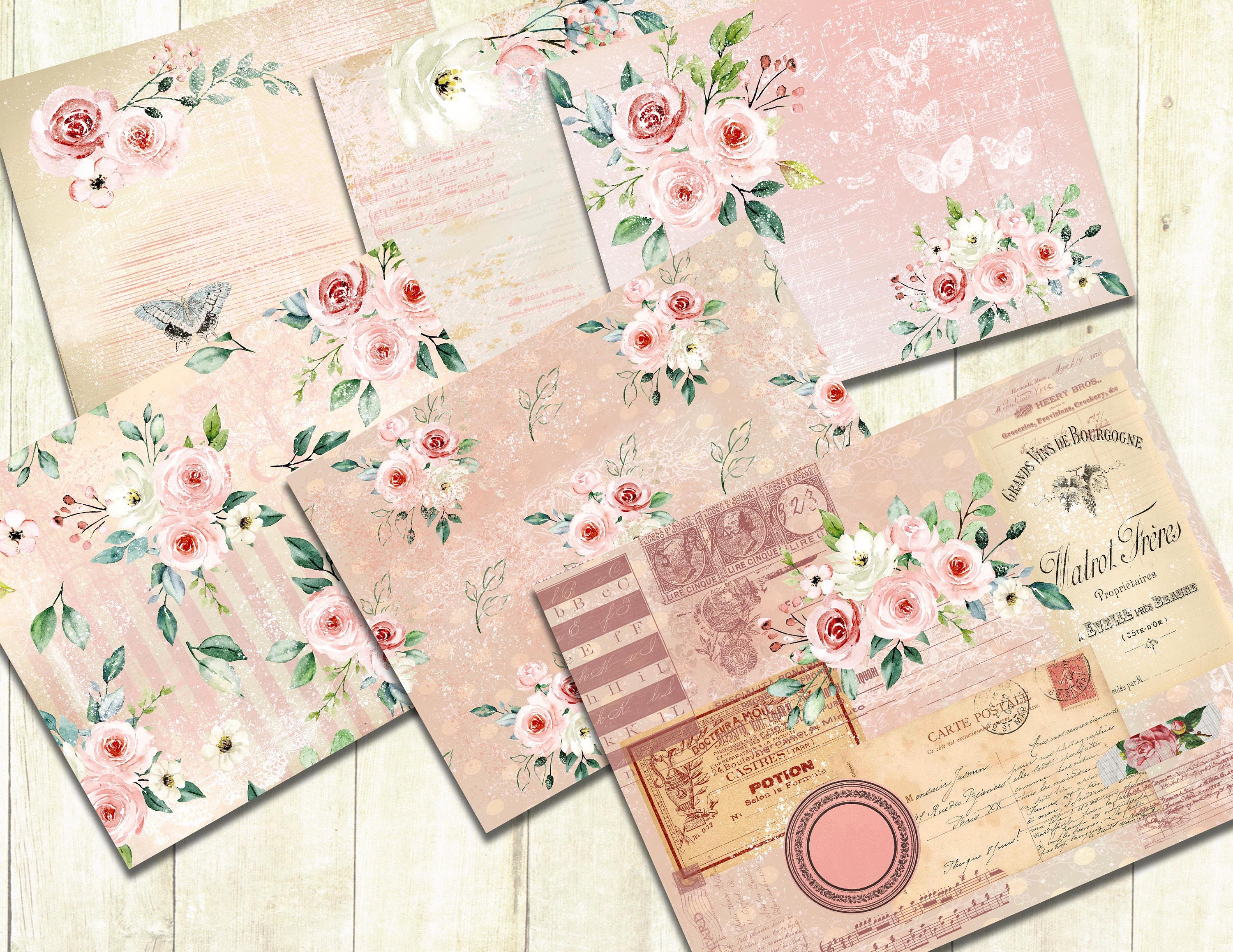 Vintage Pink Flower Journal Papers Bundle, Spring Journal Kit, Value ...