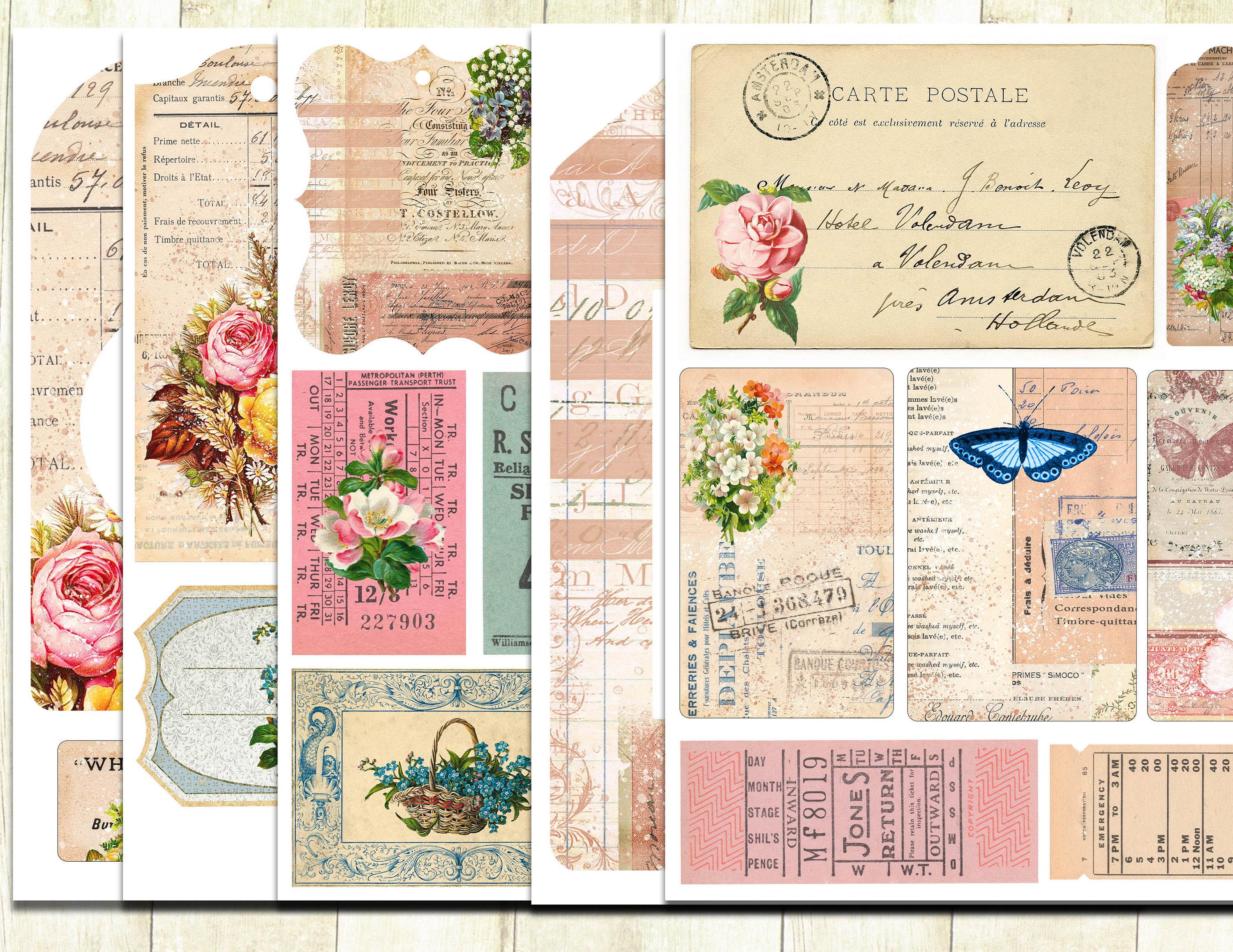 Vintage Pink Flower Journal Papers Bundle, Spring Journal Kit, Value ...