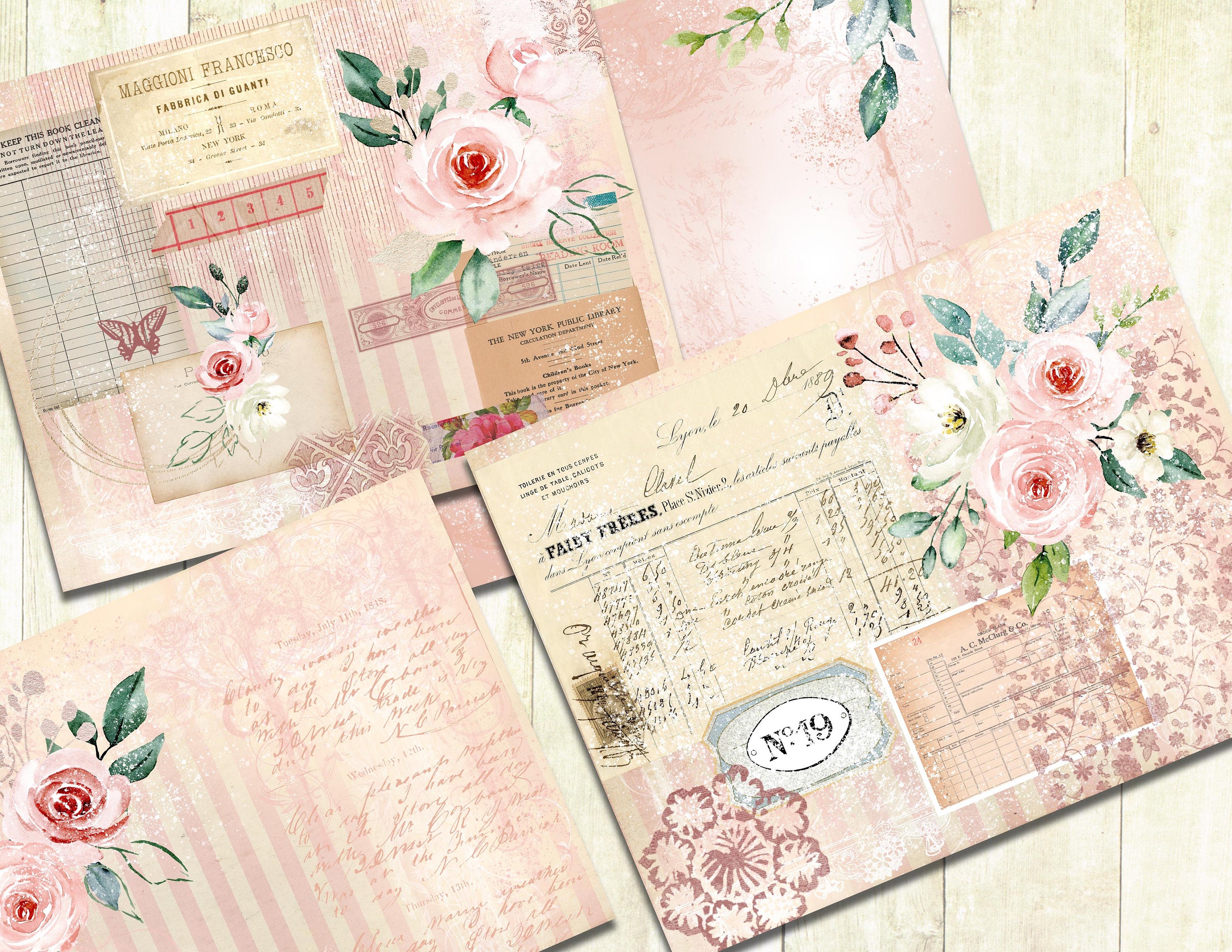 Vintage Pink Flower Journal Papers Bundle, Spring Journal Kit, Value ...