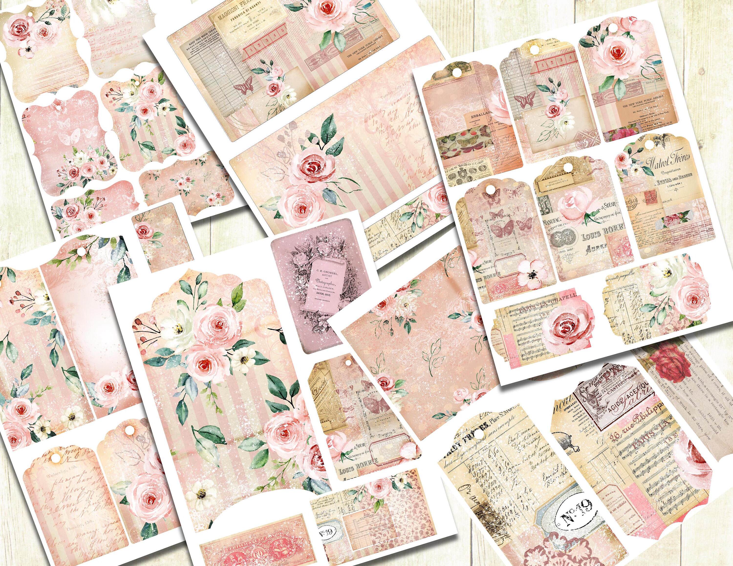 Vintage Pink Flower Journal Papers Bundle, Spring Journal Kit, Value ...