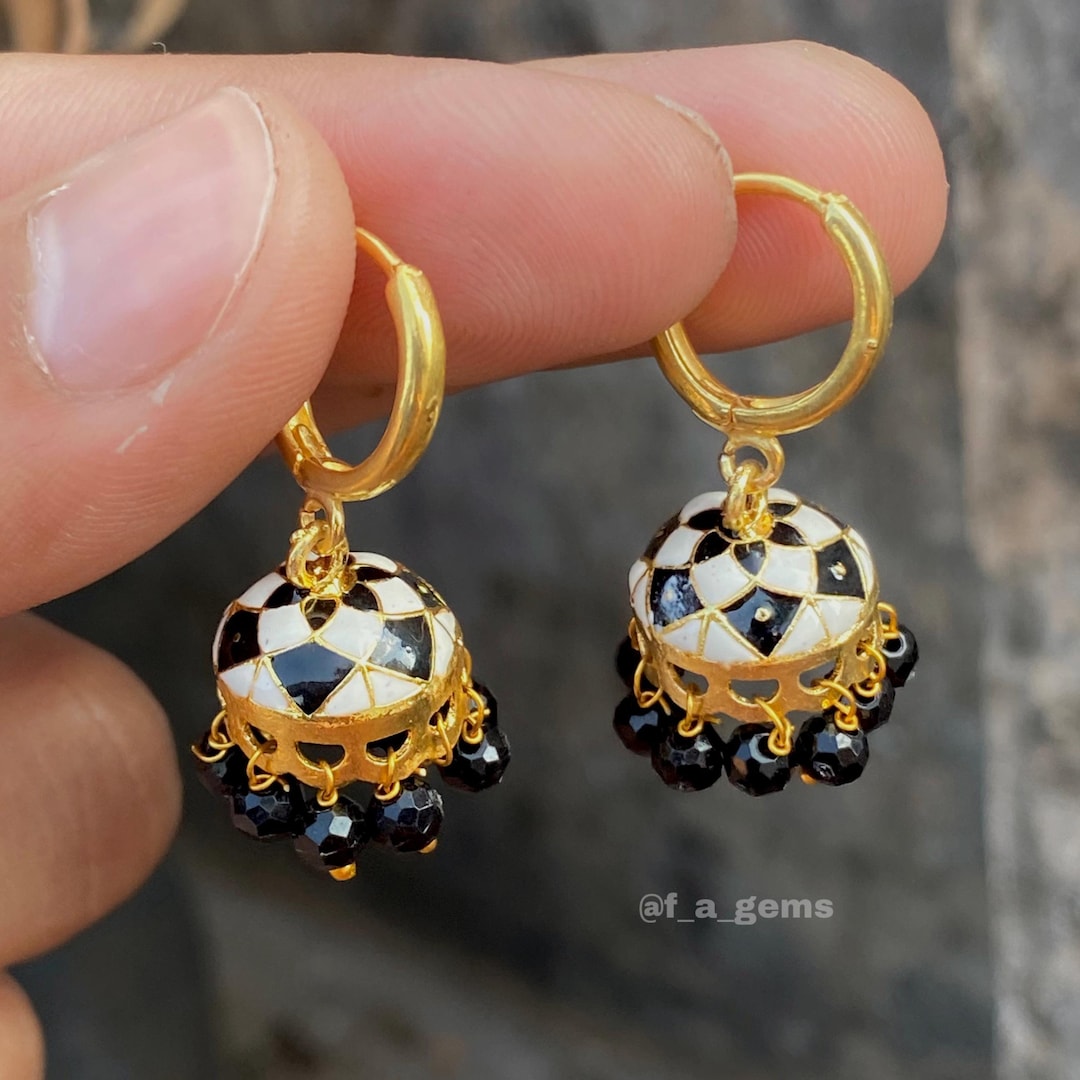 Black and White Jhumki Earrings , Indian Style Mieenakari Enamaled Mini ...