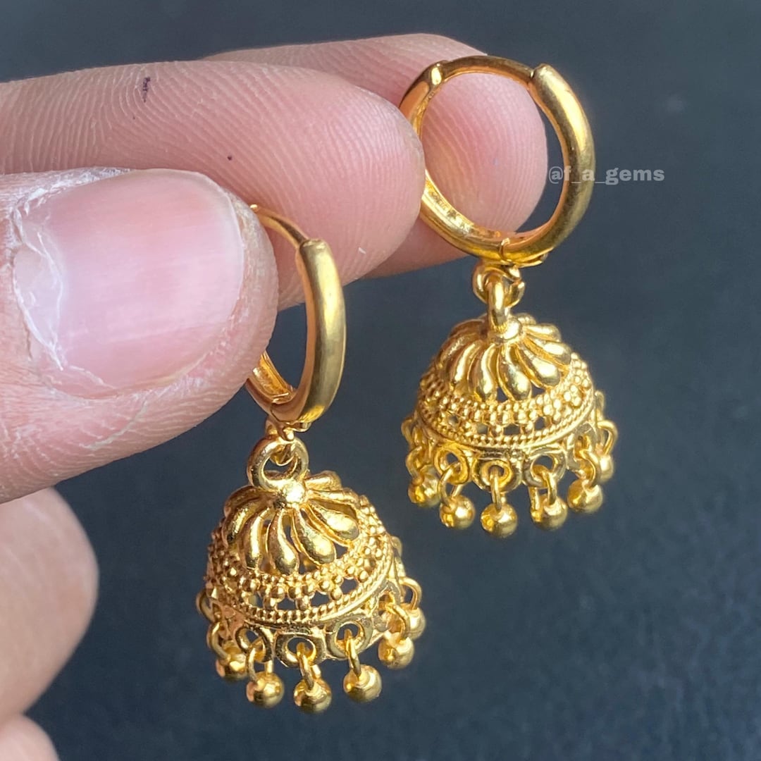 Gold Jhumka on Hoops • 20k Gold Plated • Mini Jhumki Earrings • Indian ...