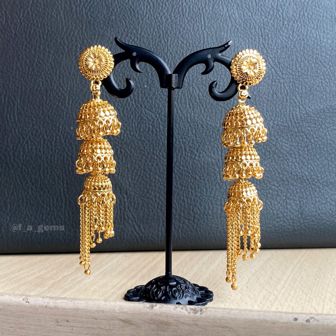 Gold Jhumka on Hoops • 3 Step Jhumka • 20k Gold Plated • 2step Jhumkas ...