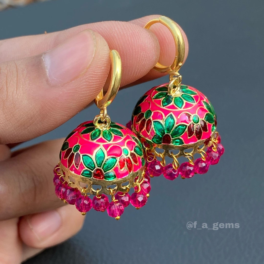Pink Jumki on Hoops ,indian Style Jumki, Rajasthani Style Jumka ...