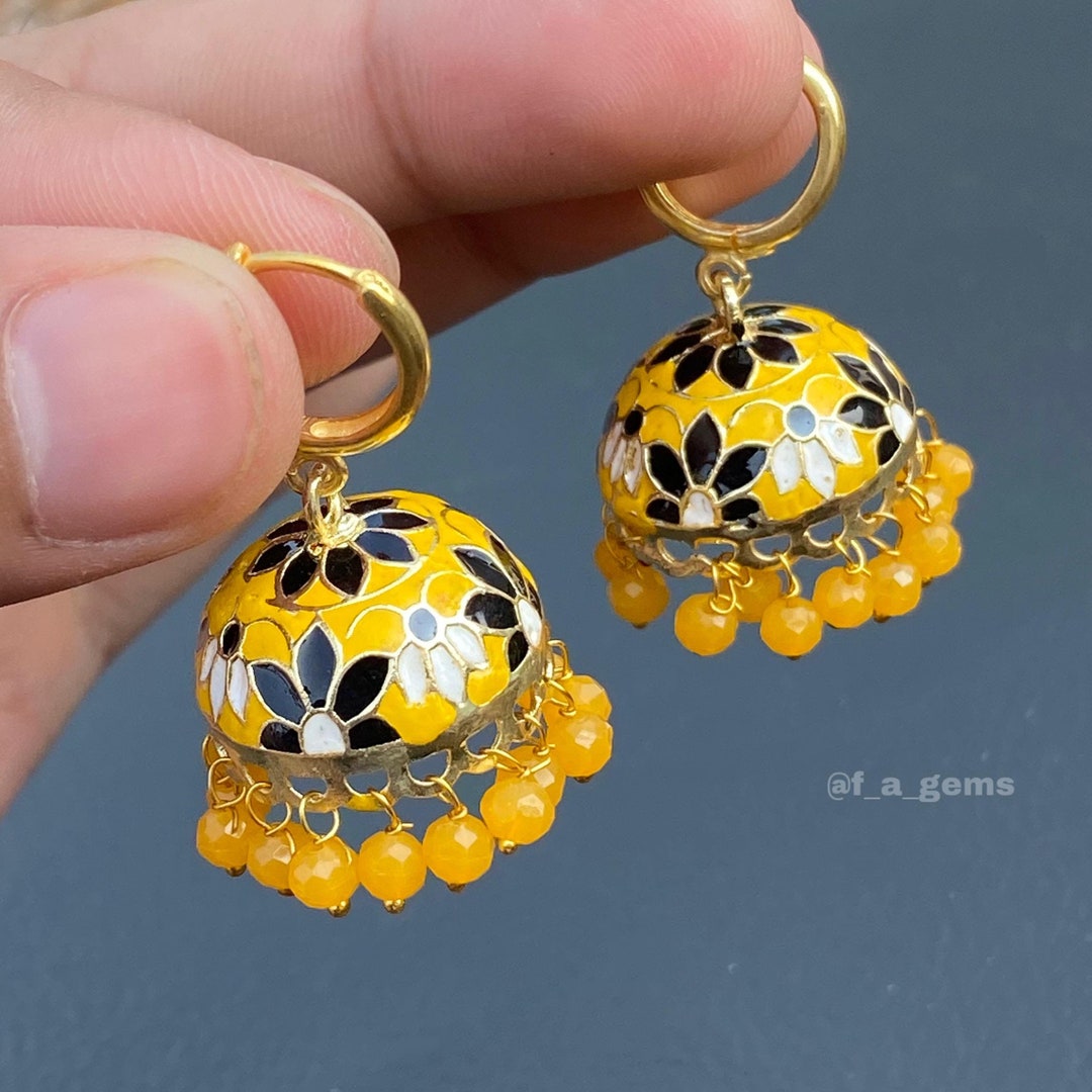 Yellow Jumki on Hoops ,indian Style Jumki, Rajasthani Style Jumka ...