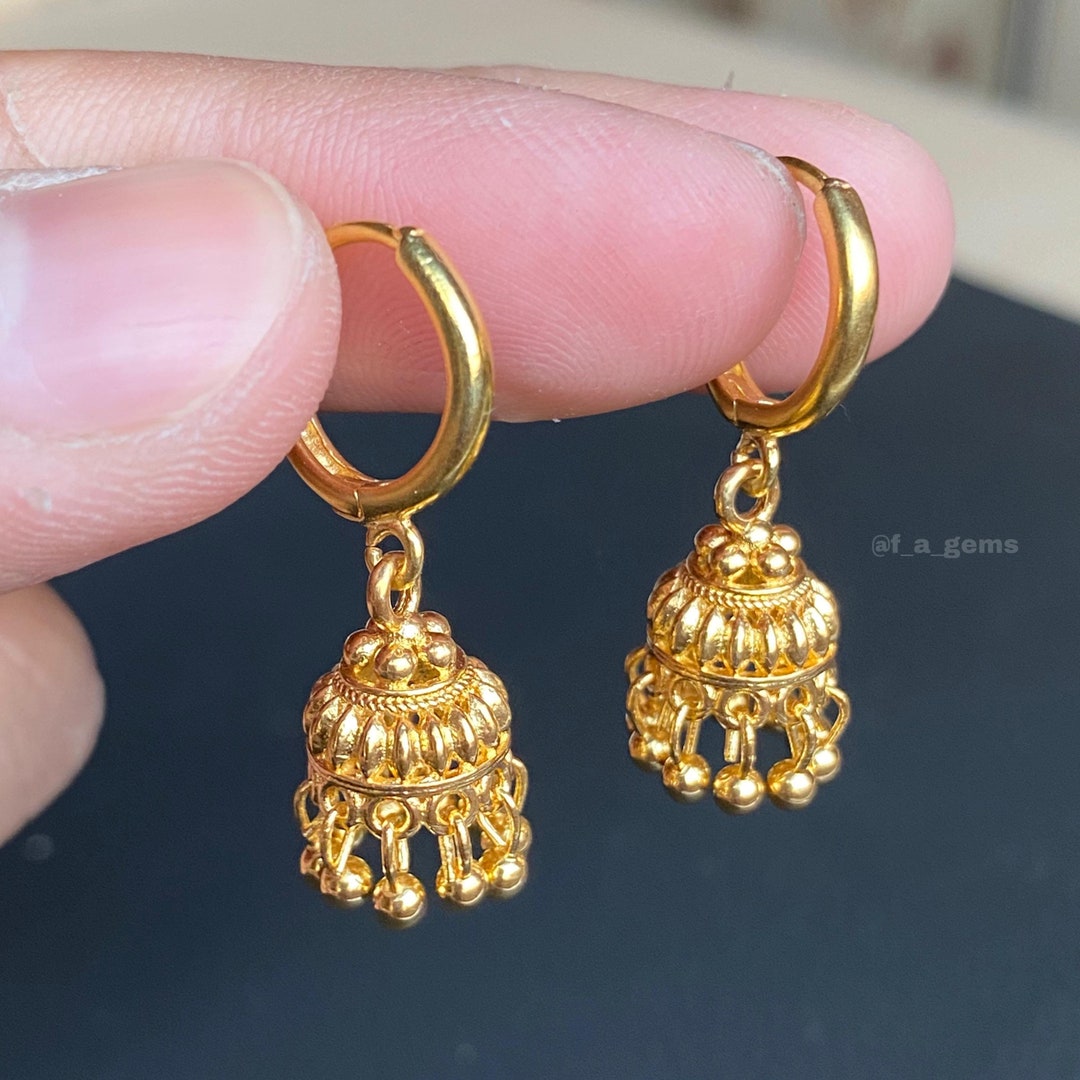 Gold Jhumki on Hoops • 20k Gold Plated • Mini Jhumki Earrings • Indian ...