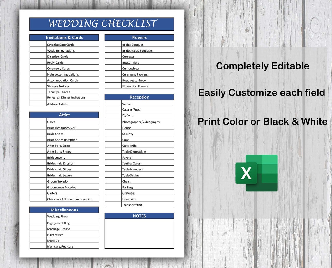 Wedding Checklist Excel Template Wedding List Printable Wedding ...