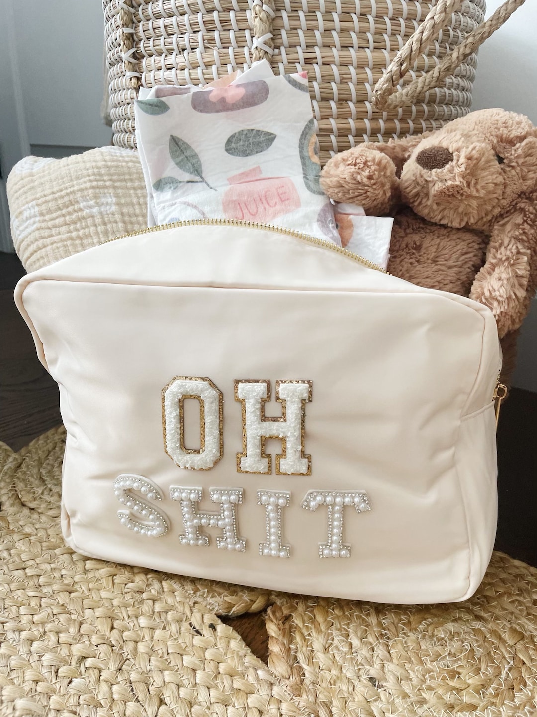 Custom XL Nylon Bag With Patches | OH SHIT | Mama Pouch | Chenille ...