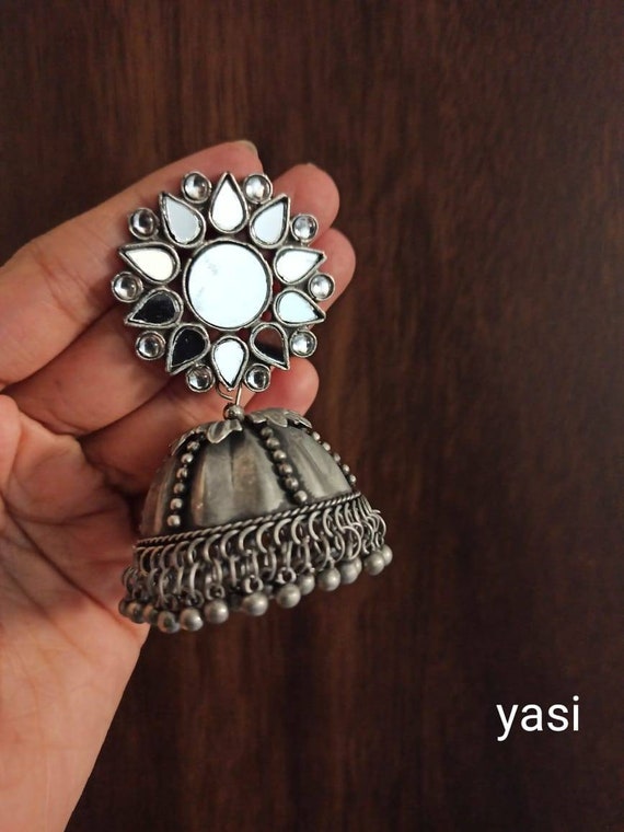 Oxidized Mirror Jhumka German Silver Jewelry Handmade Jewelry Handmade Earrings Antique Earrings Earrings Oxidized Earrings