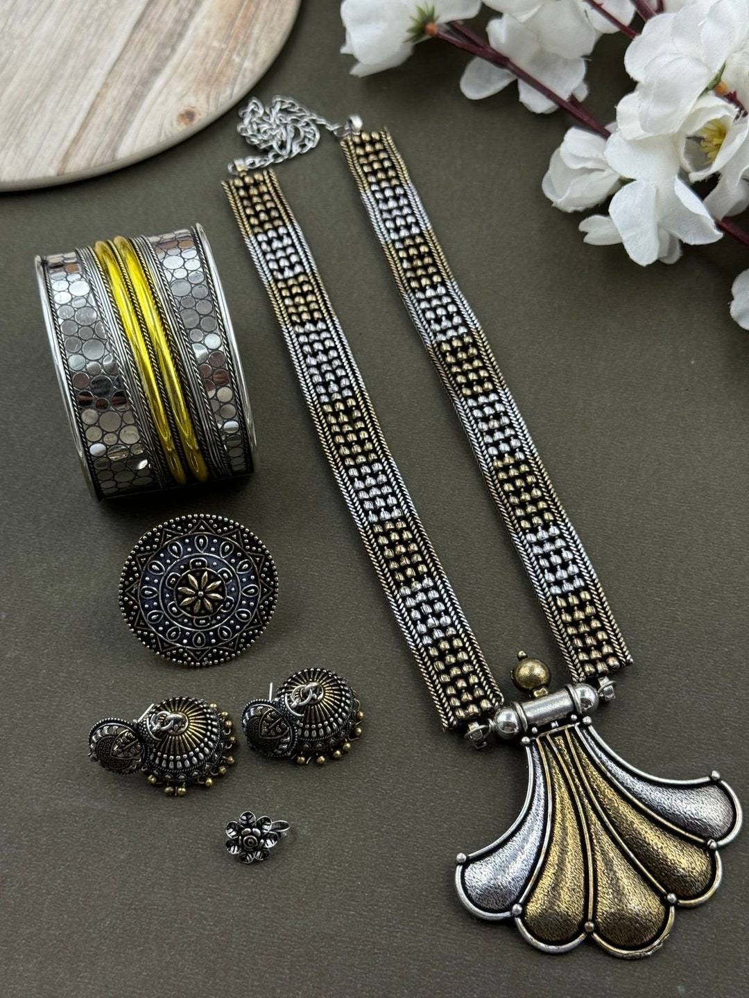 Indian Dual Tone Long Necklace Set Silver Oxidised Ethnic Jewelry ...