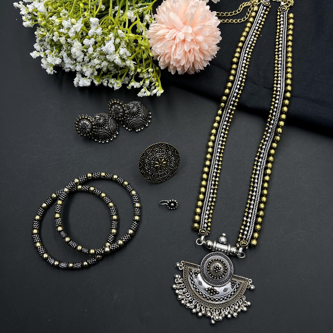 Traditional Jewellery Set, Dual Tone Indian Oxidized Set Combo of 5 ...