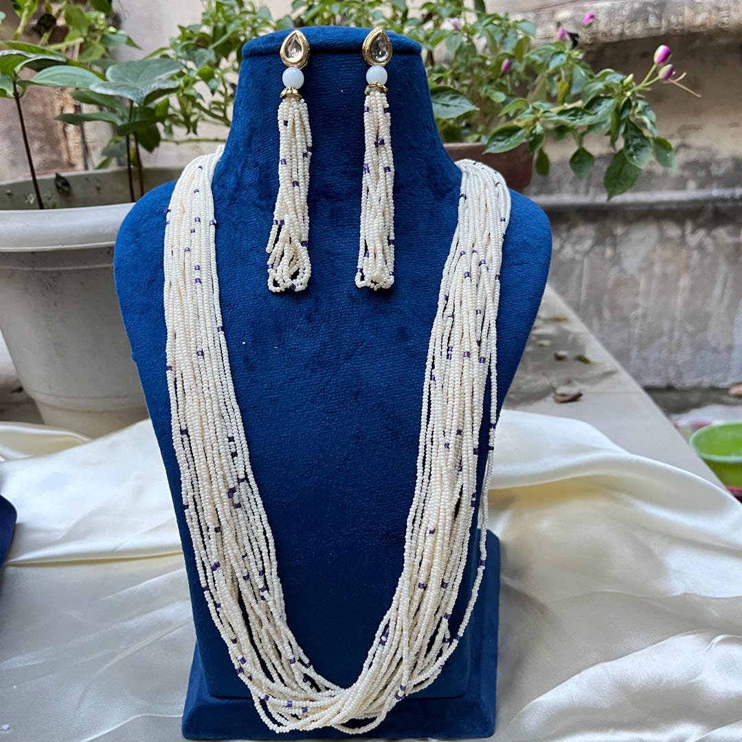 Handmade Seed Bead Jewelry Set: Boho White Necklace and Tassel Earrings ...